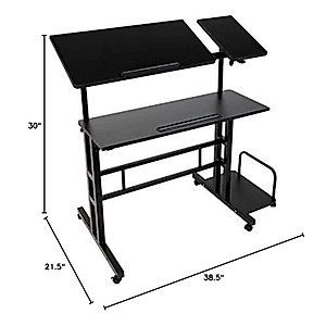 Mind Reader Woodland Collection, Mobile Sit/Stand Laptop Desk with Side Storag Adjustable, Tiltable, Lockable Casters, Portable, X-Large, Black