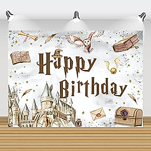 Wizard Birthday Backdrop for Boys Girls Witch Wizard Magic School Happy Birthday Photography Background Decorations Kids Magical Castle Birthday Banner 5x3ft