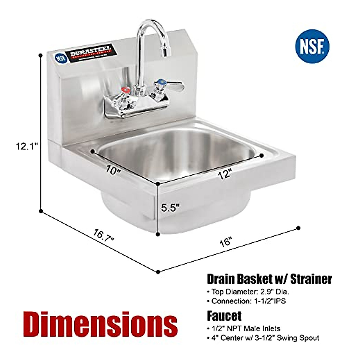 DuraSteel Stainless Steel Sink - NSF Commercial Wall Mount Kitchen Sink - Small Hand Sink with 12" x 10" x 5.5"D Wash Basin - With Sink Strainer and Faucet - For Laundry, Restaurants, Bars, and More