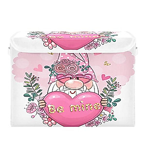 DOMIKING Valentine Gnome Heart Large Storage Bin with Lid Collapsible Shelf Baskets Box with Handles Toys Organizer for Nursery Drawer Shelves Cabinet