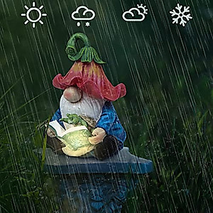 Sinhra Garden Gnome Statue-Resin Gnome Figurine Hugging Turtle Reading Book with Solar LED Lights，Outdoor Summer Decorations for Patio Yard Lawn Porch,Garden Ornament Gift