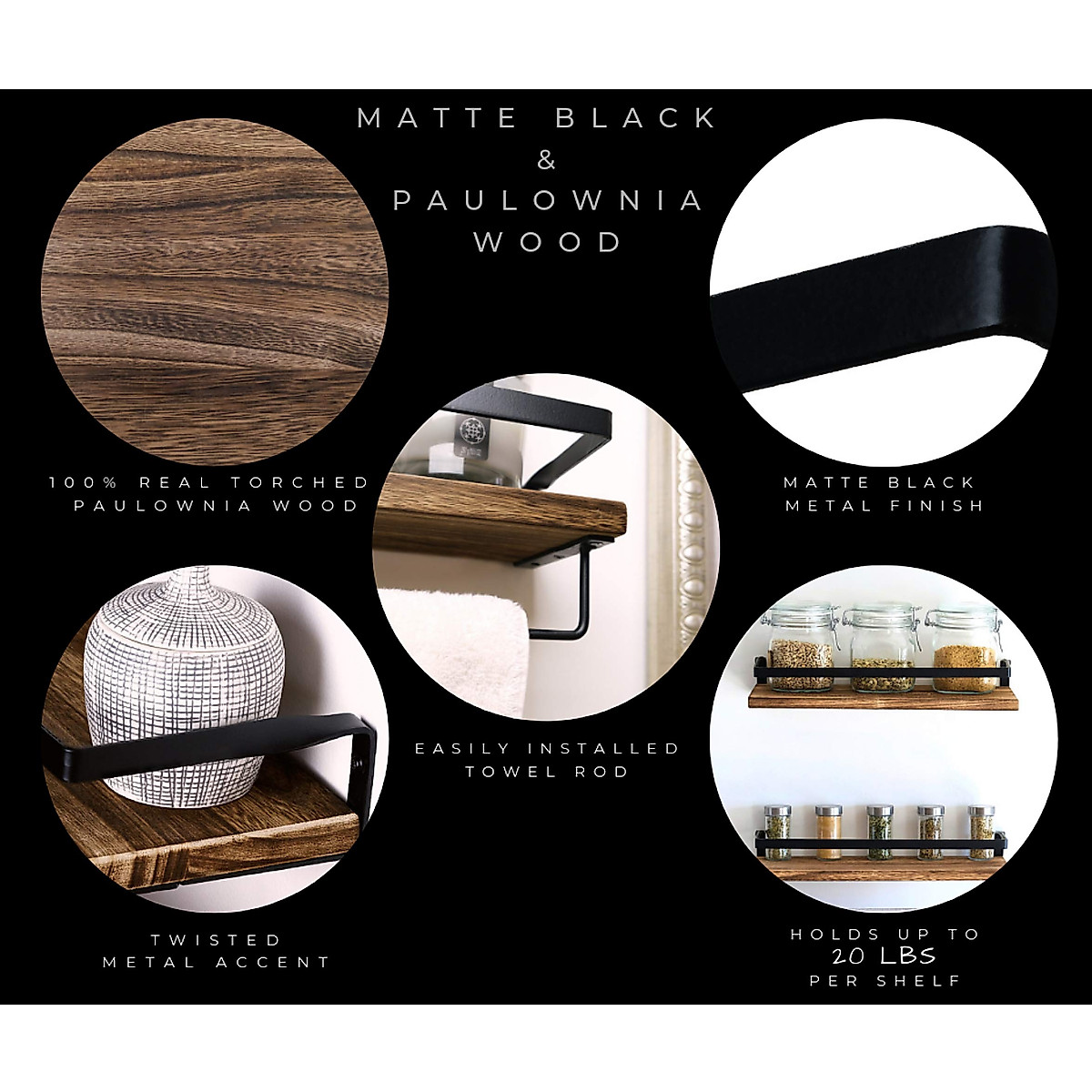 Peter's Goods Rustic Floating Wall Shelves with Rails - Decorative Storage for Kitchen, Bathroom, and Bedroom - Elegant, Modern Shelving - Torched Paulownia Wood, Matte Black Metal Frame - Set of 2