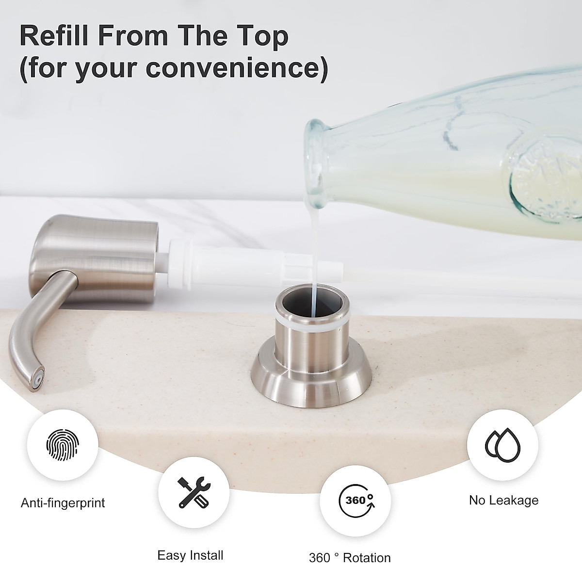 GAGALIFE Built in Sink Soap Dispenser or Lotion Dispenser for Kitchen Sink, Brushed Nickel ABS Pump Head, with 13 Ounce Large PET Soap Bottle