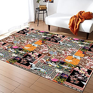 Vintage Flower Bird Area Rug 2'7"x5',Outdoor Indoor Small Carpet Runner for Kids Teen Girls Boys Bedroom,Living,Bathroom,Classroom,Office,Kitchen,Oriental Elegance Crane Leaf Fish Washable Area+Rug