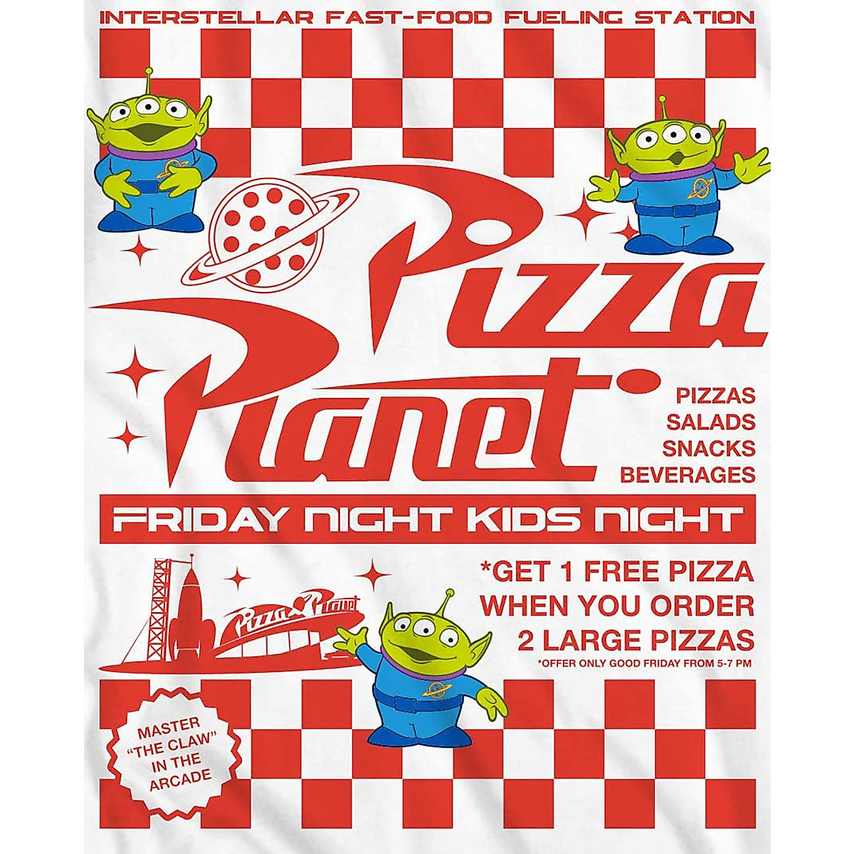 Disney Pixar Toy Story Pizza Planet Take Out Flyer Disneyland World Tee Funny Humor Men's Graphic T-Shirt(XL, White)