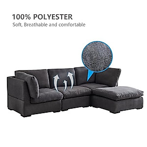 99" Modular Cloud Sectional Sofa W/Down Feather Filled & Reversible Lounge Chaise, L-Shaped Corner Couch Deep Seat with Movable Ottoman for Home Apartment Living Room Hotel Lobby, Dark Gray