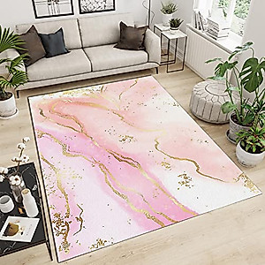 Fashionable Pink Marble Area Rug, Ladies Luxury Phnom Penh White Gold Powder Indoor Rugs, Easy-Cleaning Anti Slip Backing Carpet for Living Room Bedroom Apartment Home Decor - 2 ft x 6 ft