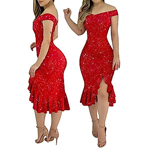 Summer Dresses for Women 2024 Off The Shoulder V Neck Midi Bodycon Slit Ruffle Sequin Dress Spring Fashion Casual Formal Party Club Wedding Guest Cocktail Mother of The Bride Sexy Wrap Dresses Red L