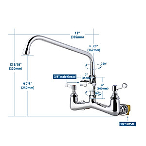 MaxSen Commercial Sink Faucet Wall Mount 8 Inch Adjustable Center with 3/4'' Gargen Hose End,Commercial Kitchen Faucet with 12" Swivel Spout fit for 1,2,3 Restraurant Compartment Sink.