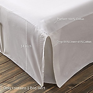 BISELINA French Linen Bed Skirt Split Corner with Button 14-Inch Tailored Drop Natural Flax Cotton Blend Basic Dust Ruffle Soft Cozy (14" Queen,Button White)