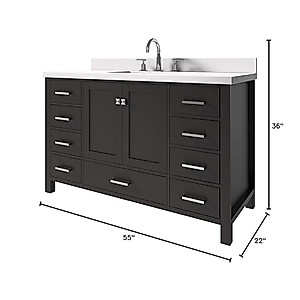 ARIEL Bathroom Vanity 55" Inch in Espresso with Pure White Quartz Countertop, Rectangular Sink, 2 Soft Closing Doors and 9 Full Extension Dovetail Drawers, No Mirror