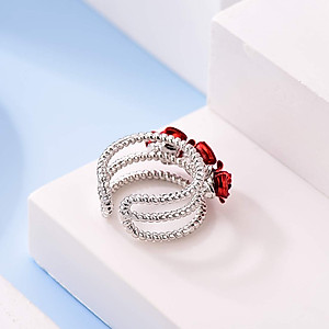 U7 Platinum Silver Statement Ring for Women, 3-Row Band Stacking Red Rose Flower Ring Cocktail Party Jewelry