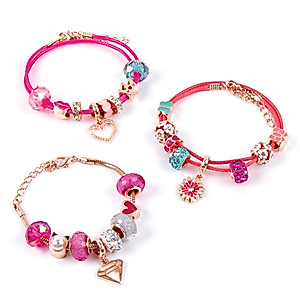 Make It Real - Halo Charms Bracelets Think Pink - DIY Charm Bracelet Making Kit - Friendship Bracelet Kit with Beads, Charms & Cord - Arts & Crafts Bead Kit for Girls - Makes 3 Bracelets