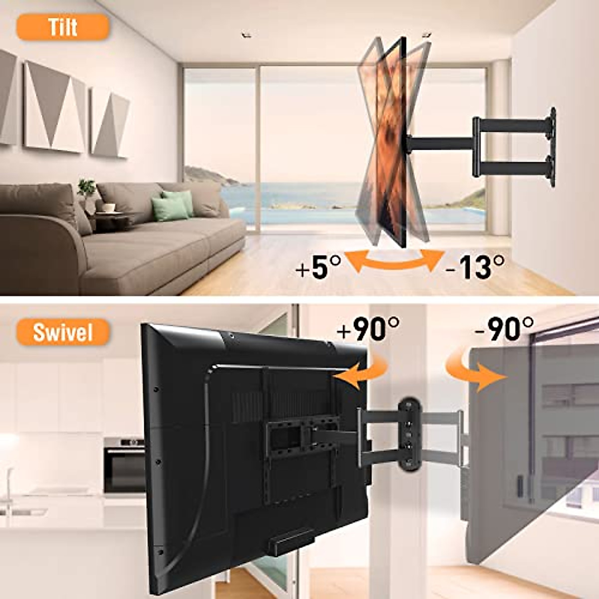 ELIVED Full Motion TV Wall Mount for Most 26-55 Inch Flat Curved TVs Up to 77 lbs, Swivel and Tilt TV Bracket with Articulating Arms, Perfect Center Single Stud Corner TV Mount, Max VESA 400x400mm
