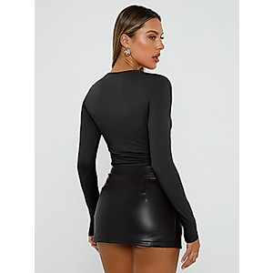 Trendy Queen Womens Long Sleeve Crop Tops Basic Spring Shirts Tees Tight Slim Fit Cute Going Out Outfits Teen Girls Fall Winter Y2k Clothing 2024 Black