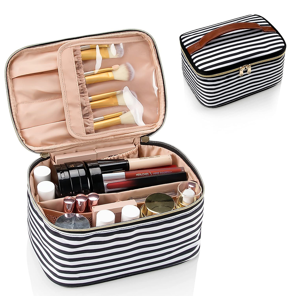 OCHEAL Makeup Organizer Bag, Travel Makeup Bag Organizer Case Portable Cosmetic Bag Make Up Bag for Women And Girls Cosmetics Toiletries with Brushes Slots and Divider-Black/White Stripes