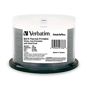 Verbatim BD-R 25GB 16X DataLifePlus White Thermal Printable, Hub Printable - 50pk Spindle - 97338