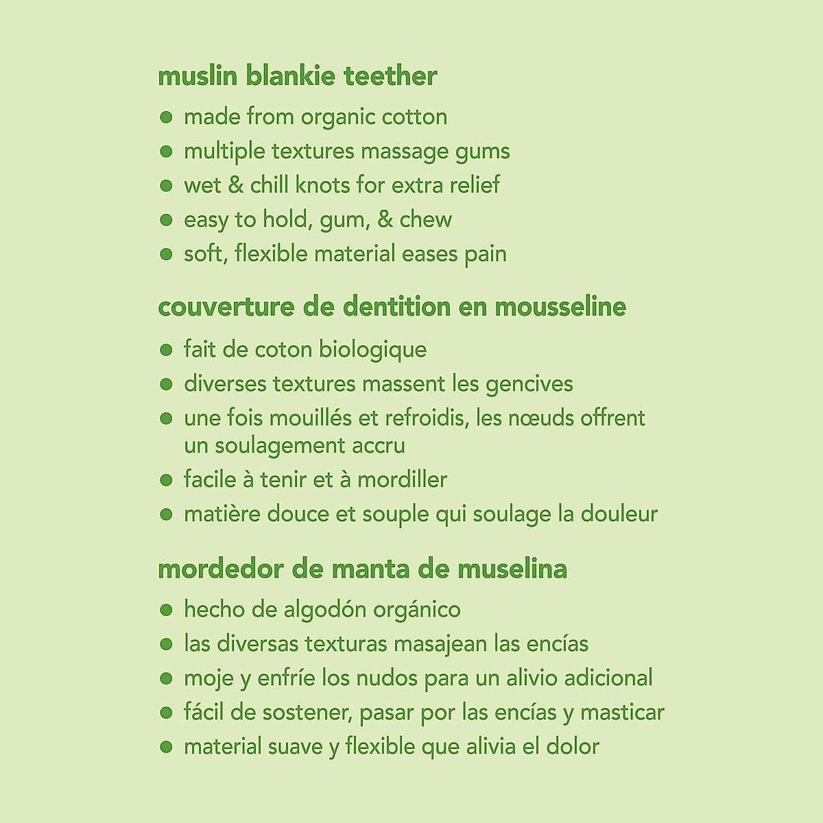 green sprouts Muslin Blankie Teether made from Organic Cotton | Soothes gums & promotes healthy oral development | Multiple textures massage gums, wet knots for extra relief, Easy to hold & chew