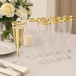 Oojami 30 Plastic Classic Champagne Disposable Flutes for Parties Plastic cups Wedding Party Toasting Cocktail Cups Bulk Party Pack (Gold Rim)