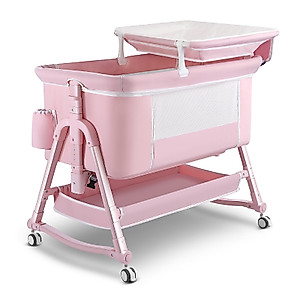Uuoeebb 4 in 1 Bedside Bassinet for Baby, Portable Baby Bassinet with Wheels, Baby Crib with Changing Station, Mattress Included and Storage, Foldable Travel Bassinet for Baby/Infant/Newborn-Pink