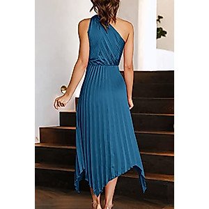 PRETTYGARDEN Women's Summer Long Satin Dress One Shoulder Sleeveless Ruched Twist Flowy Maxi Dresses (Lake Blue,Small)