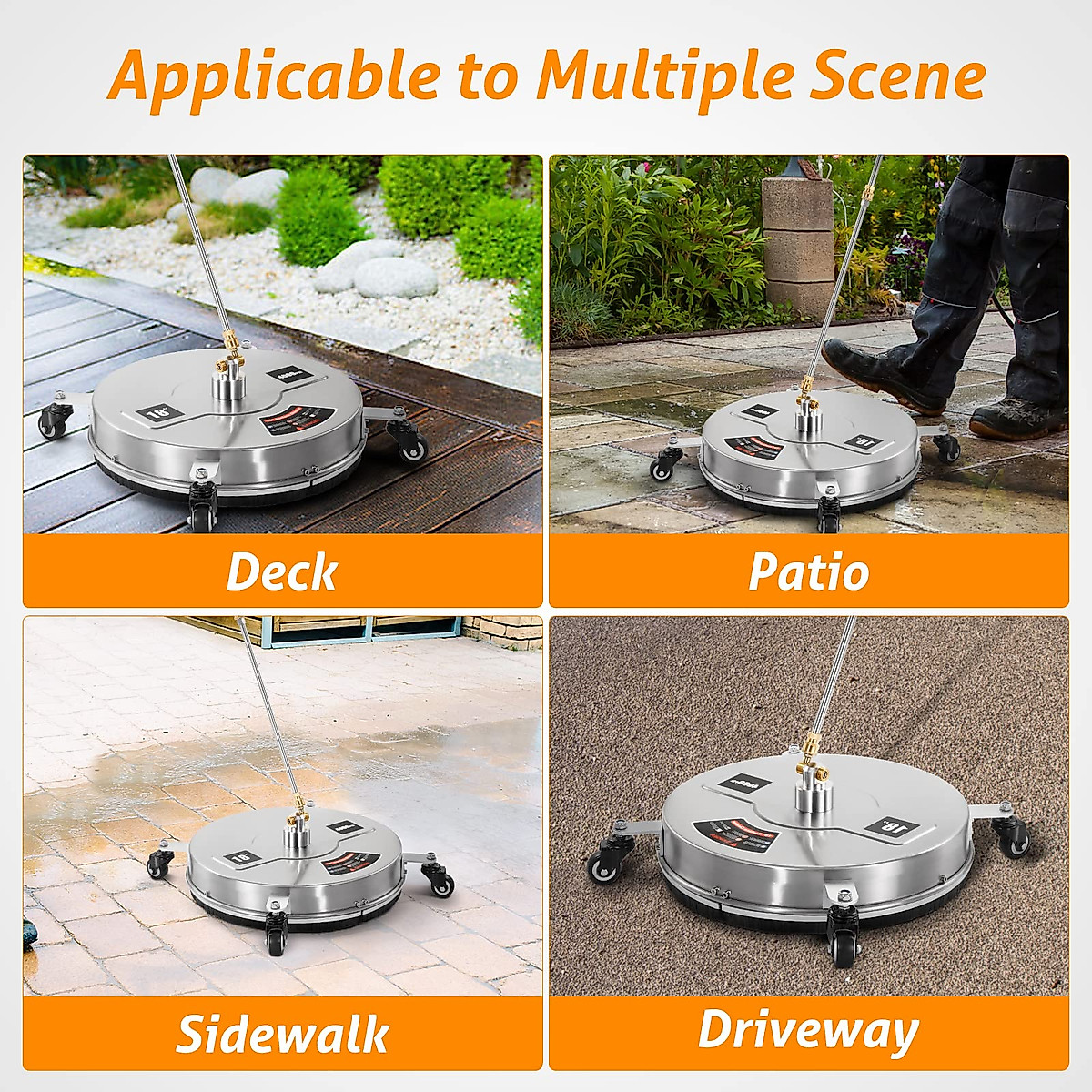 WICHEMI 1800W Multipurpose High-Temp Floor Steam Mop Steam Cleaning Machine + 18" Pressure Washer Surface Cleaner with 4 Wheels for Driveway Sidewalk Patio Concrete Cleaning