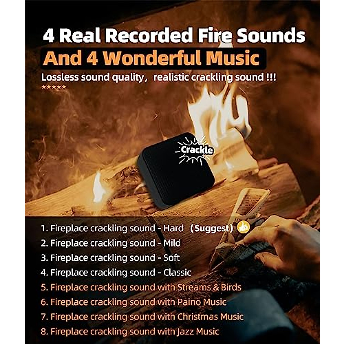 MSELTOS Fireplace Crackling Sound Maker, 2 in 1 Realistic Rechargeable Fire Crackling Sound Machine for Gas & Electric Fireplace, Fire Crackler Sound System, 3H Timer, 16 Levels of Volume (White)