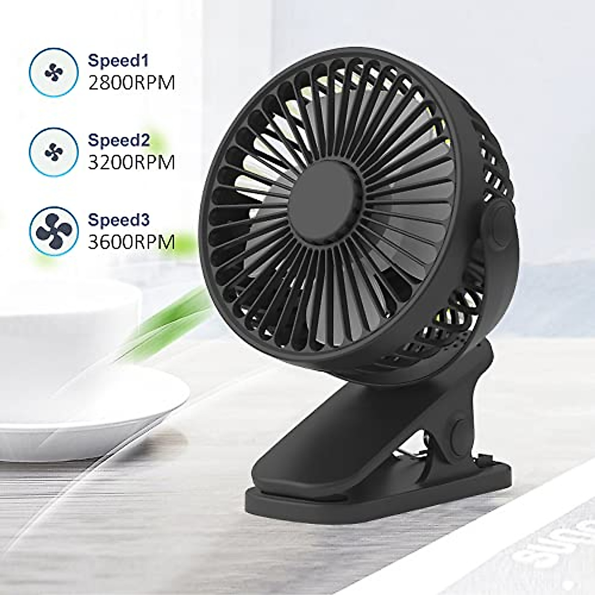 Ideapro 6 inch Portable Clip on Fan, Battery Operated USB Fan, Small Desk Fan with 3 Speeds, Strong Clamp, 360°Rotate Personal Fan for Office Home Dorm Stroller(Black)…
