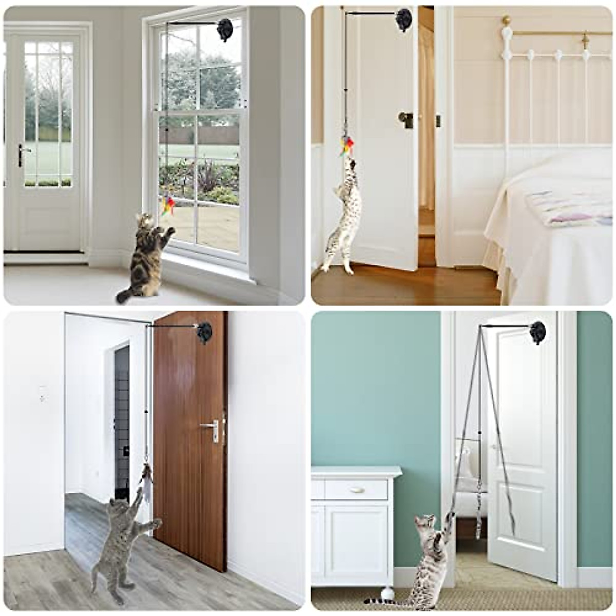 MEWTOGO Hanging Door Cat Toy, Retractable Interactive Cat Feather Toys with Super Suction Cup and 5 Replaceable Feathers, Suction Window Cat Teaser Toy for Indoor Cats Kitten Play Chase Exercise