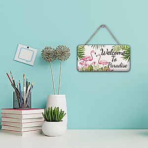 SUPERDANT 2Pcs Wood Door Hanging Sign Plaque Welcome to Paradise Flamingo Hanging Decorative Wood Welcome Sign for Home Front Door Decoration Farmhouse Porch Garden Yard 30x15cm