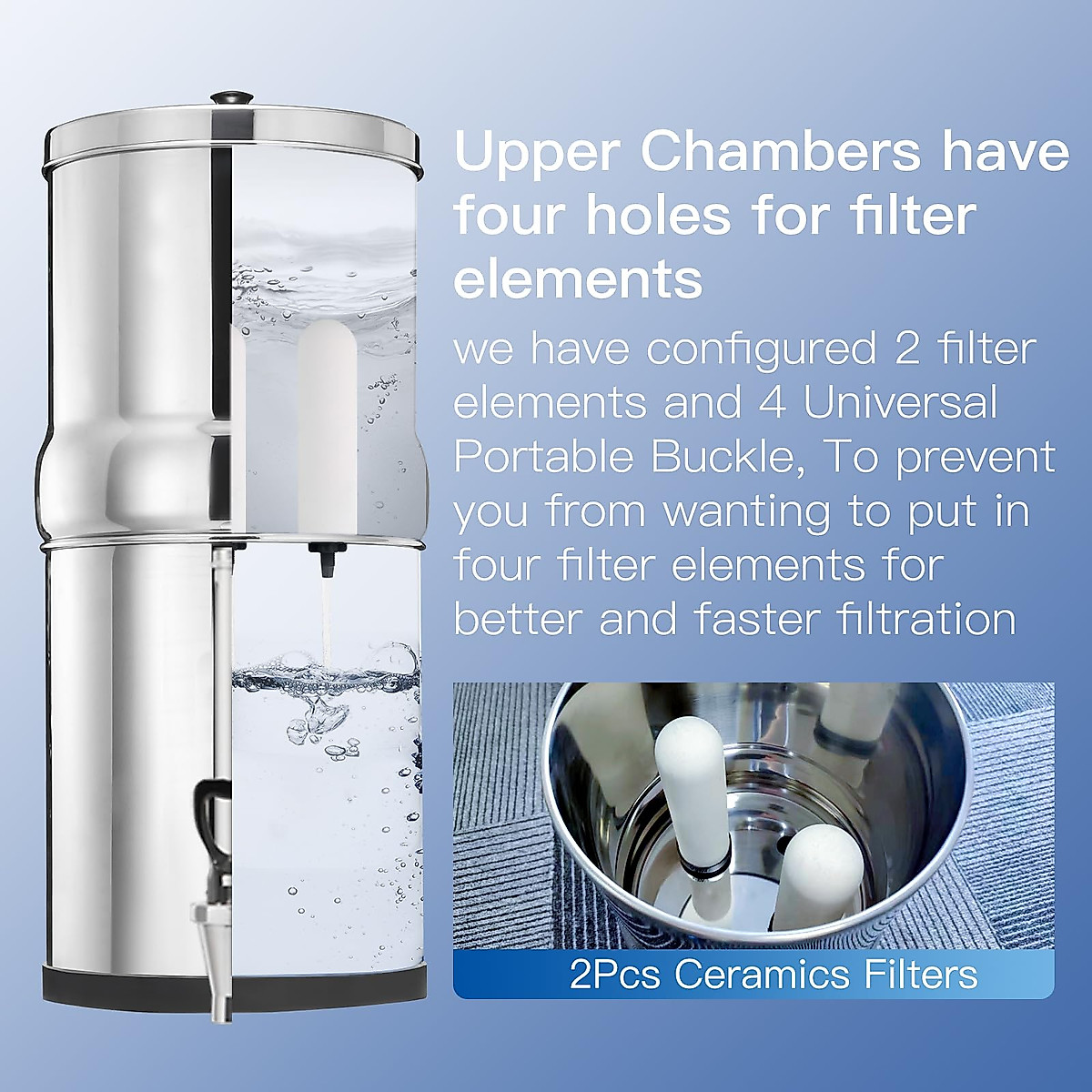 FACHIOO Gravity-fed Water Filter System, 2.25 Gallon Stainless Steel Countertop System with 2 Ceramics Filters Washable Filters, Metal Water Level Spigot and Stand,Reduce up to 99% Chlorine