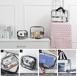 3Pcs Crystal Clear PVC Travel Toiletry Bag Kit for Women Men, Waterproof Vinyl Organizer Makeup Bags with Zipper Handle Straps, Cosmetic Bag Pouch Carry on Airport Airline Compliant Bag Handbag