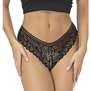 Sofishie Triple Crisscross Rings V-Back Floral Lace Panties - Black - Large