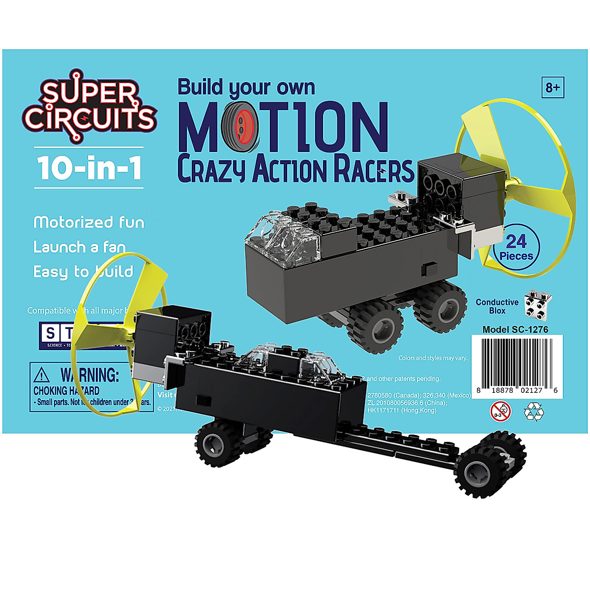 Super Circuits BYO Crazy Electric Racers 10-in-1 STEM Kit, Fan Launch Toy Building Block Set, 10 Different Action Racers, Motorized Fun, Great Science Project for Kids, Birthday Gift, Boys, Girls, 8+