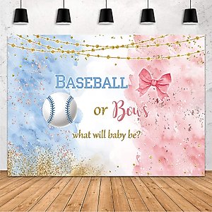 MEHOFOND 7x5ft Baseball or Bows Gender Reveal Backdrop Baseball or Bows Party Decoration Baby Shower Photography Background Watercolor Blue or Pink He or She Pregnancy Reveal Surprise Party Banner