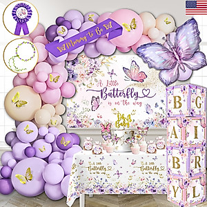 195 Pc Butterfly Baby Shower Decorations for Girl with Pink and Purple Butterfly Balloon Arch Kit, Baby Girl Boxes, Backdrop, Tablecloth, Sash, Cake and Cupcake Toppers, Crown and more