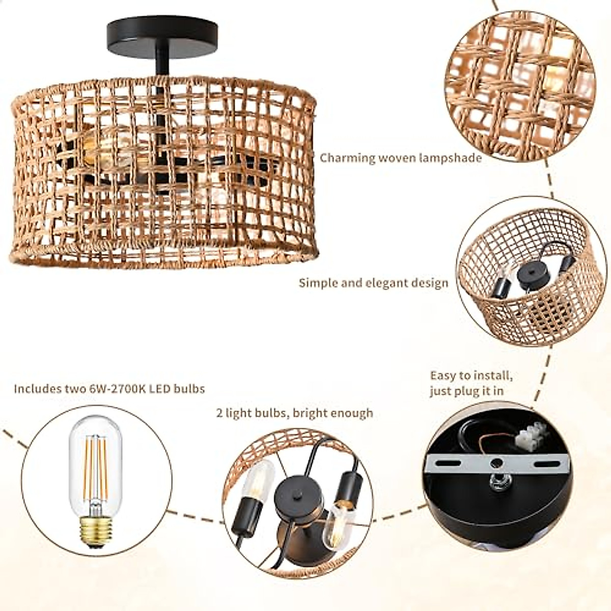 XININSUN Rattan Ceiling Light Fixtures, Boho Woven Semi Flush Mount Ceiling Light,2-Light Rattan Light Fixtures Ceiling Mount,Farmhouse Close to Ceiling Light for Bedroom Hallway Entryway, (000)