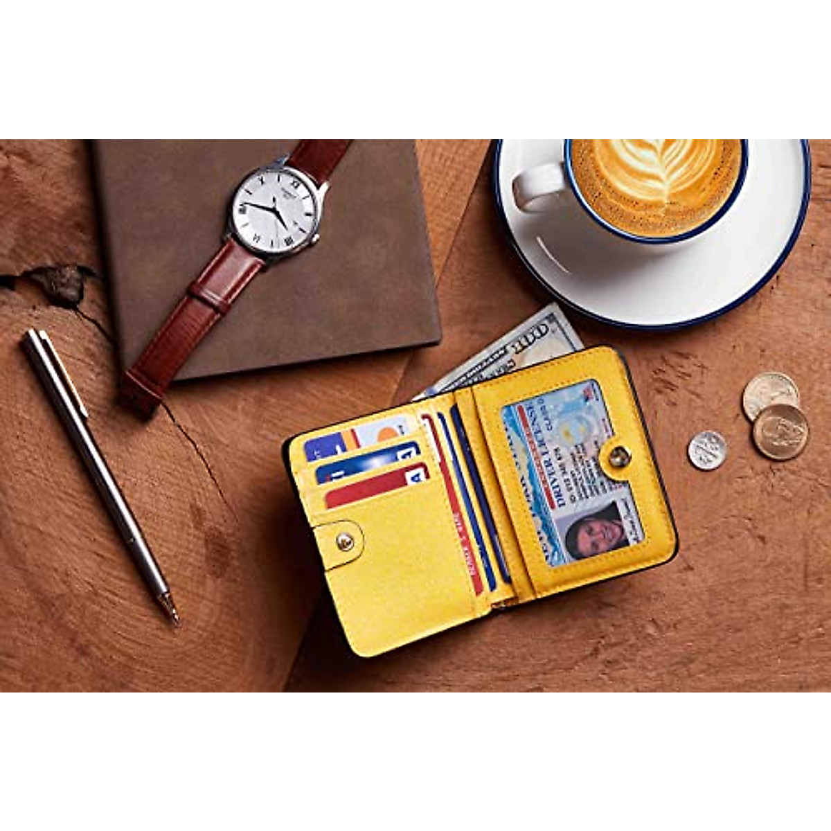 Gostwo Small Wallet for Women, Bifold Card Holder Rfid Wallet Women Genuine Leather with ID Window(Coated Yellow)