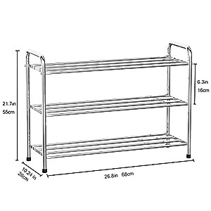 FANHAO 3-Tier Shoe Rack, 100% Stainless Steel Shoe Storage Organizer, Stackable 9-Pair Storage Shelf for Bedroom, Closet, Entryway, Dorm Room, 26.8" W x 10.24" D x21.7 H (Silver)