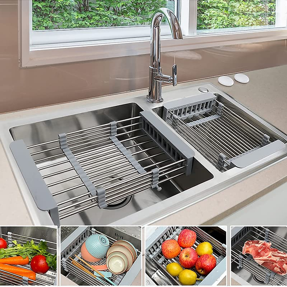 Expandable Colander Dish Drying Rack Over the Sink Drain Rack for Kitchen Sink Strainer Basket Rinse Drain Dry Vegetable Fruit Dishes Kitchen Rack