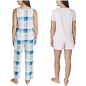 Eddie Bauer Women's 4-Piece Sleep Set, Tank, Tee, Short, Pant (X-Large, Teal Squares)