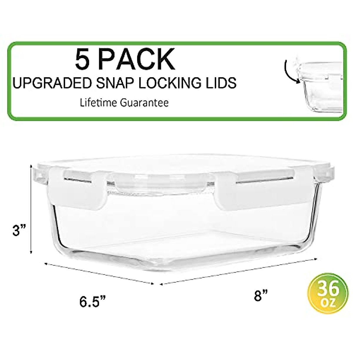 M MCIRCO [5-Packs, 36 Oz.] Glass Meal Prep Containers with Locking Lids Glass Food Containers,Airtight Lunch Container,Microwave, Oven, Freezer and Dishwasher (4.5 Cup, White)