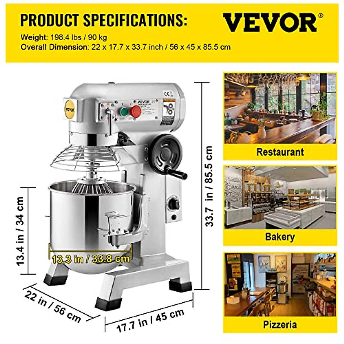 VEVOR Commercial Food Mixer, 30Qt Commercial Mixer with Timing Function, 1100W Stainless Steel Bowl Heavy Duty Electric Food Mixer with 3 Speeds Adjustable 108/199/382 RPM, Perfect for Bakery Pizzeria