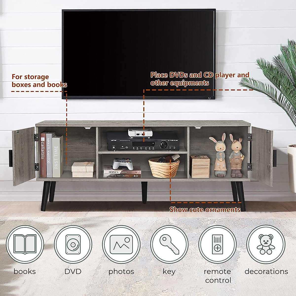 Iwell TV Stand for 55 inch TV, Entertainment Center with Storage and Open Shelf, TV Console, TV Stands for Living Room, Bedroom, Grey
