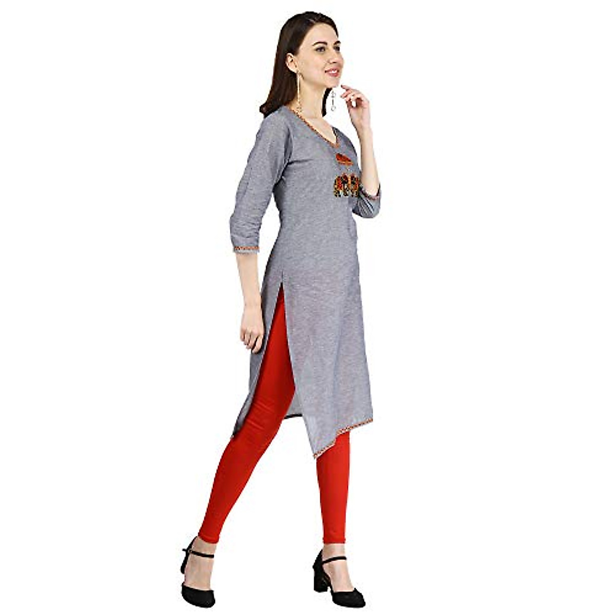 Indian Women's Embroidered Cotton Kurti Grey Top By Ramkudi