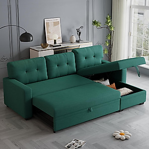Favfurish 82" Sectional Sofa with Storage Chaise & Pull, L-Shape Convertible Couch Bed W/Tufted Backrest,Reversible Sleeper for Living Room Apartment Office, Green