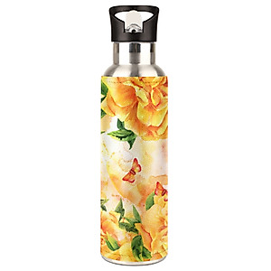 Yellow Rose Water Bottle Watercolor Reusable Leak-Proof Insulated Water Bottle BPA Free Stainless Steel Sport Water Bottle with Straw for Fitness Outdoor Hiking School 600ml