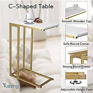 Yusong C Shaped End Table, Couch Side Table That Slide Under Sofa Bed, Small Table for Small Spaces, Skinny Overbed Table, Coffee Drink Laptop Snack Table for Living Room, Gold and Marble White