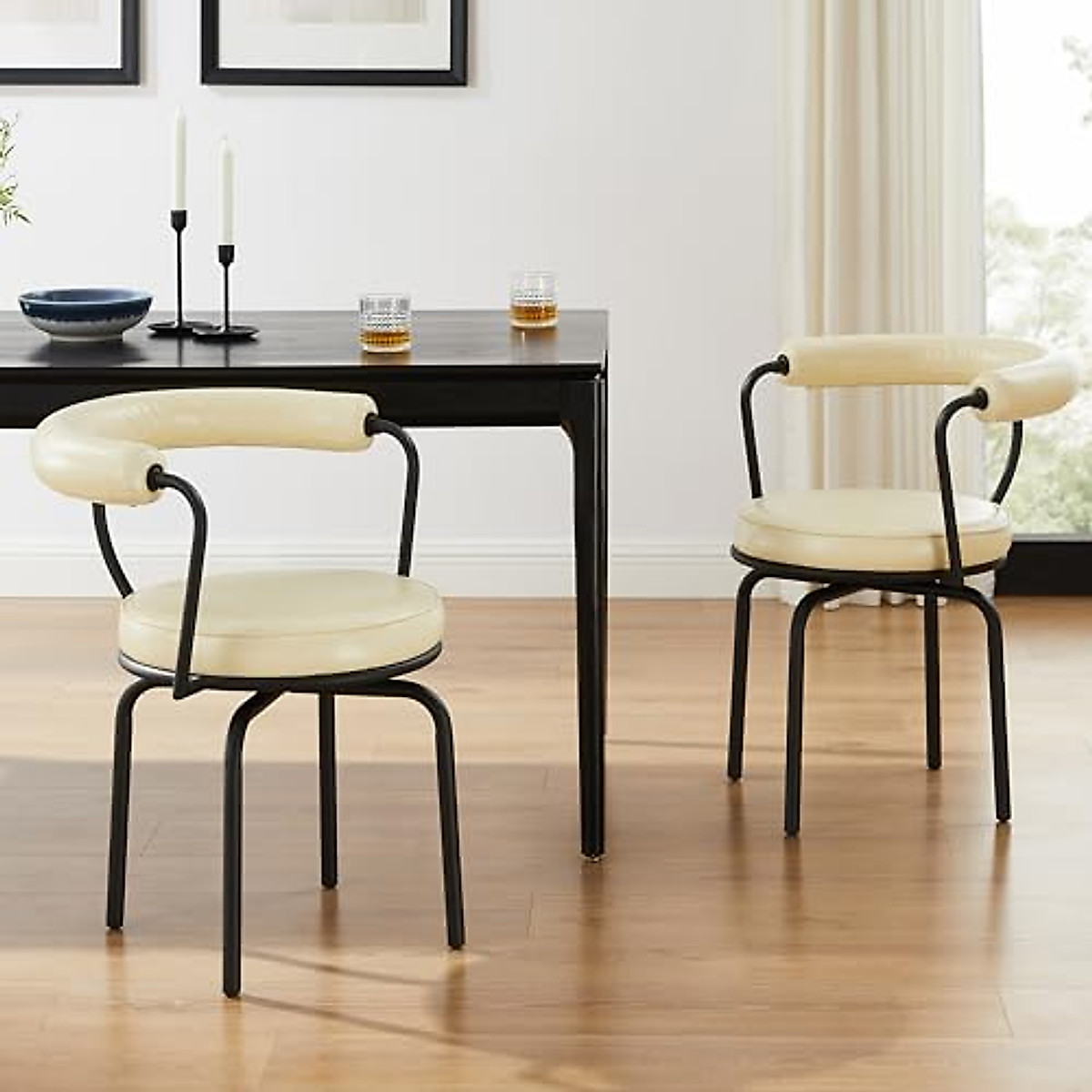 Art Leon Swivel Dining Chairs, Set of 2, Faux Leather Upholstered Dining Room Chairs, Modern Accent Armchairs with Black Metal Legs for Kitchen Living Room Bedroom, Off White