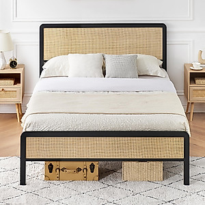 coucheta Queen Rattan Bed Frame, Queen Boho Bed Frame with Curved Natural Rattan Headboard, No Box Spring Needed/Mattress Foundation/Easy Assembly/Metal Slat Support/Bohemian Style